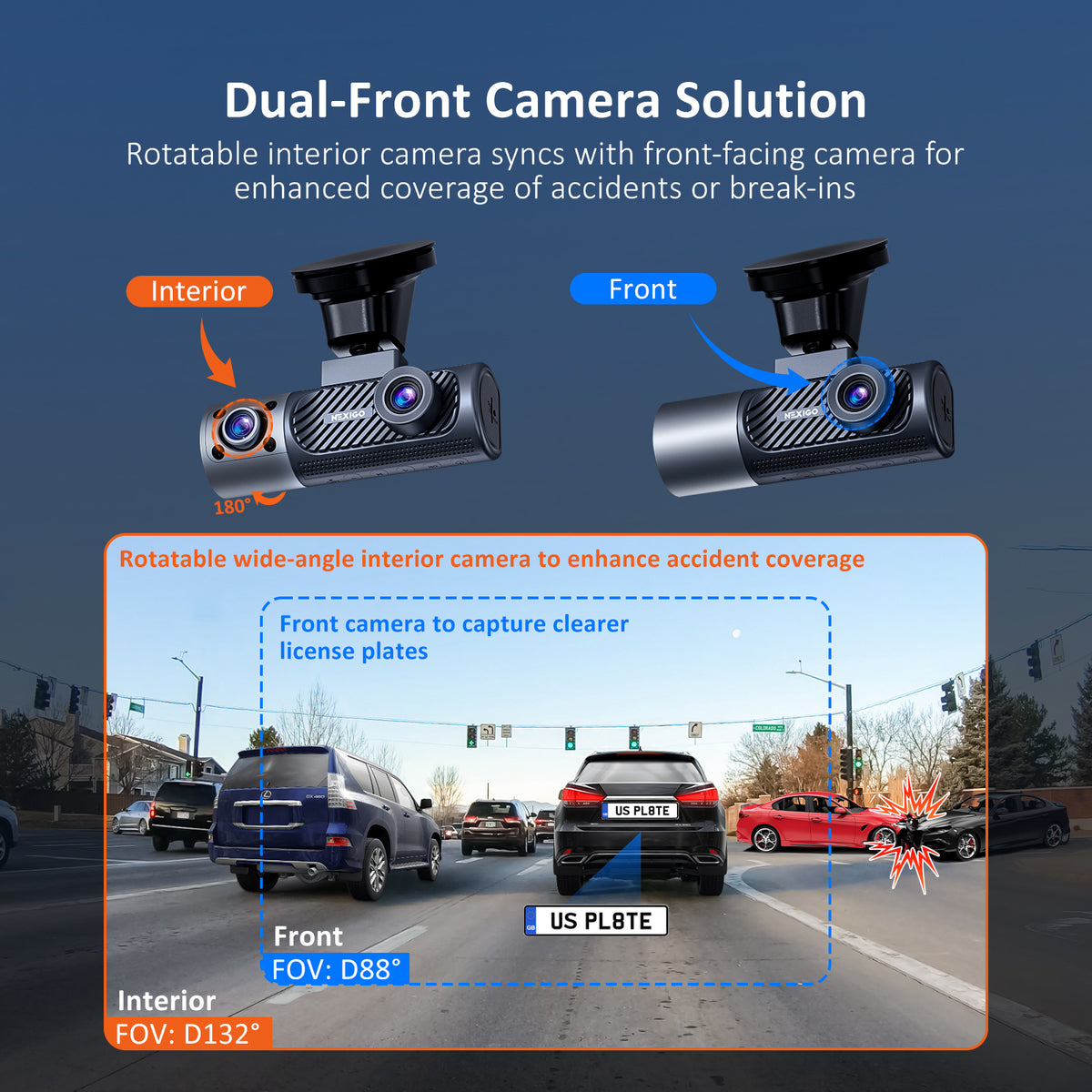 NexiGo D621 Three Channel Dash Cam Dual Front Camera